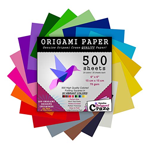 Origami Craze Paper 500 Sheets, Premium Quality for Arts and Crafts, 6-inch Square Sheets, 20 Vivid Colors, Same Color on Both Sides, 100 Design E-Book Included (See back of the cover for download info)