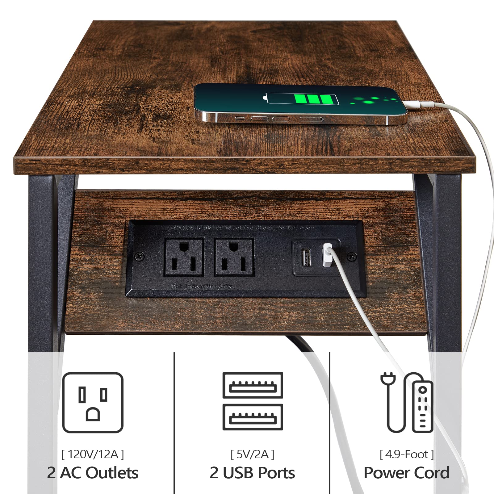 MAHANCRIS C Shaped End Table with Charging Station, Sofa Table with USB Ports and Outlets for Small Spaces, Small Side Table for Living Room, Bedroom, C Couch Table, Rustic Brown ETHR06E01