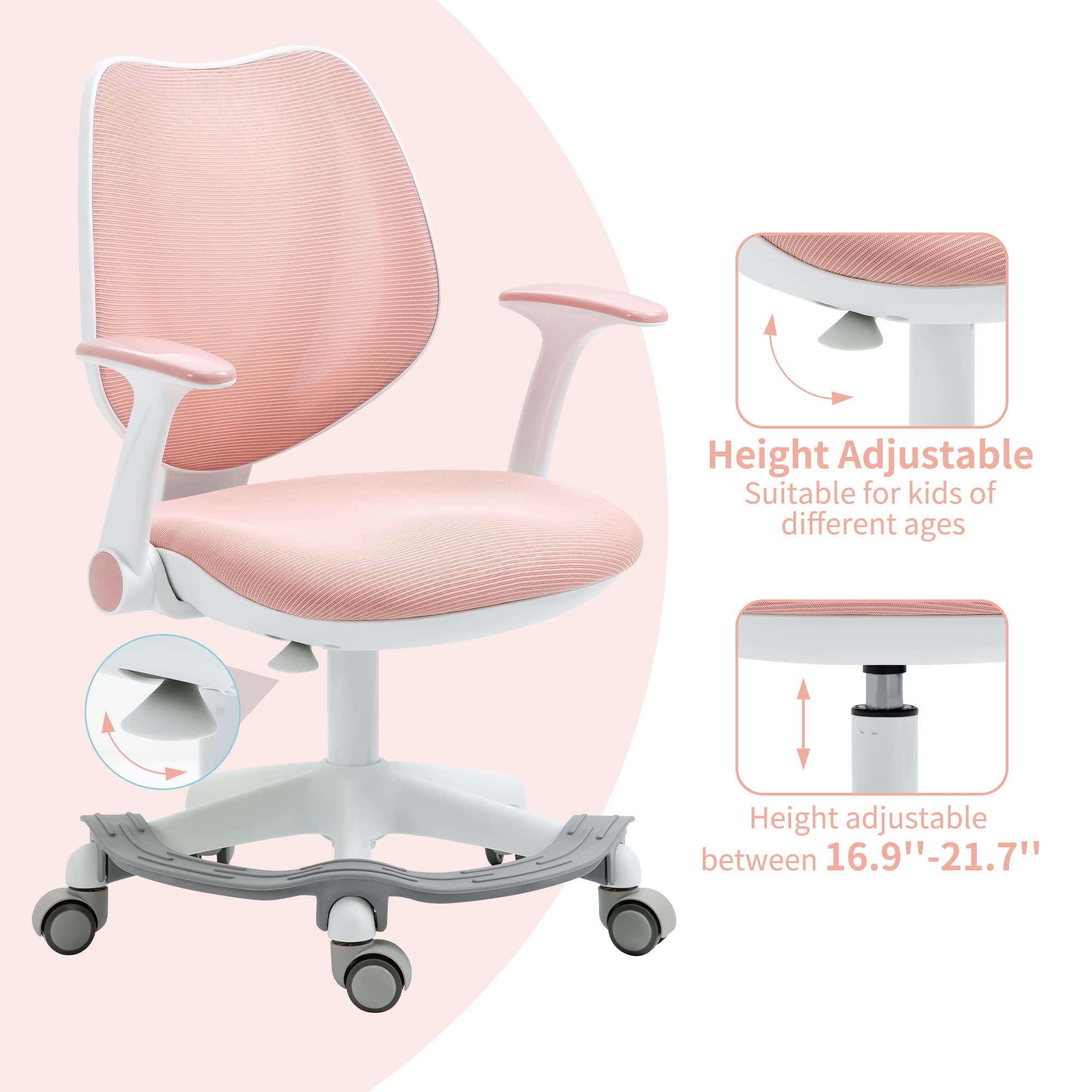 HOMEFUN Kids Desk Chair, Computer Chairs with Armrest and Footrest for Boys Girls Cute Mesh Ergonomic with Adjustable Height Swivel Safe Sit-Locking Casters Pink