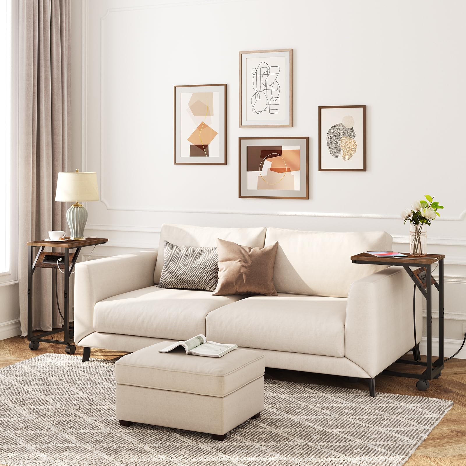 MAHANCRIS C Shaped End Table with Charging Station, Sofa Table with USB Ports and Outlets for Small Spaces, Small Side Table for Living Room, Bedroom, C Couch Table, Rustic Brown ETHR06E01