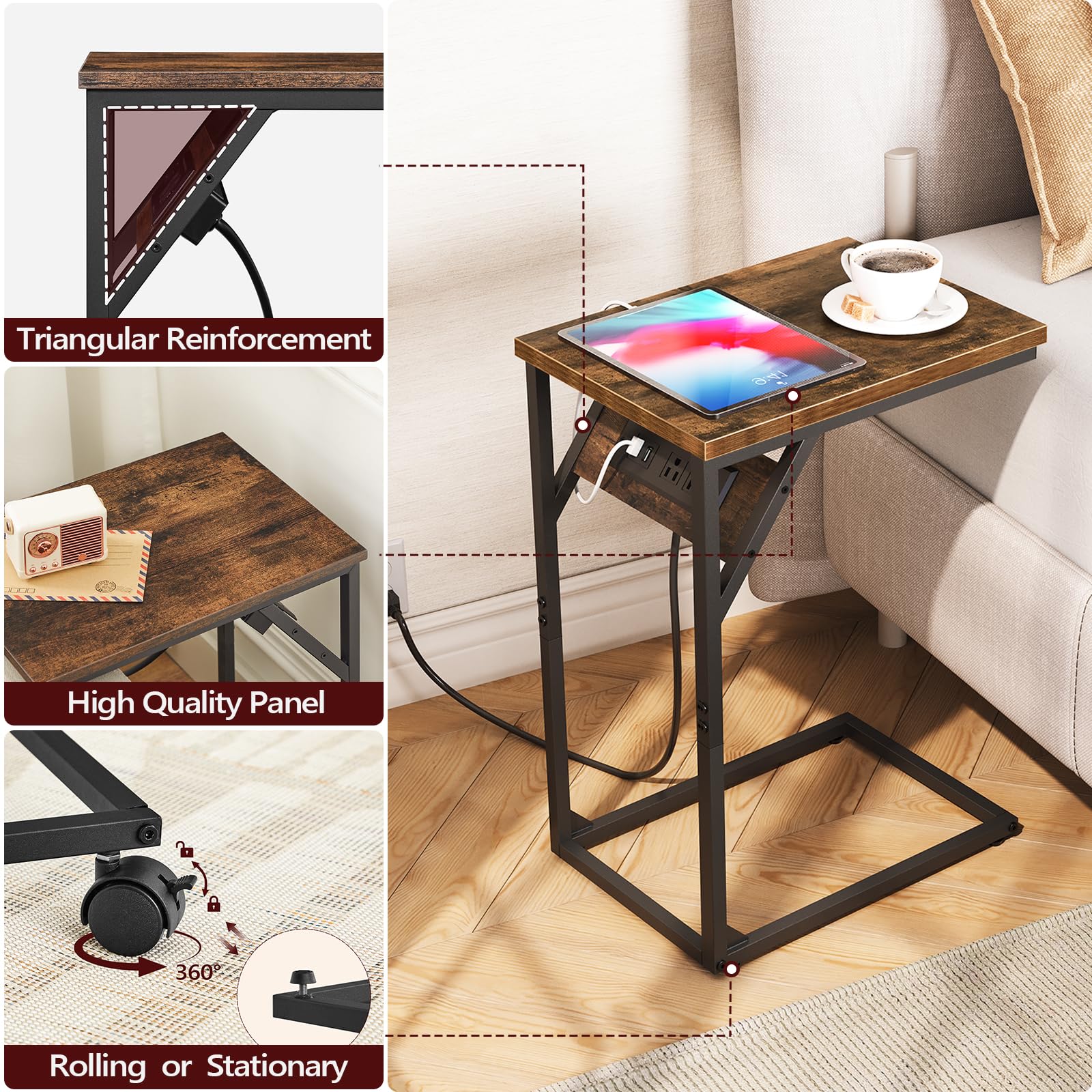 MAHANCRIS C Shaped End Table with Charging Station, Sofa Table with USB Ports and Outlets for Small Spaces, Small Side Table for Living Room, Bedroom, C Couch Table, Rustic Brown ETHR06E01