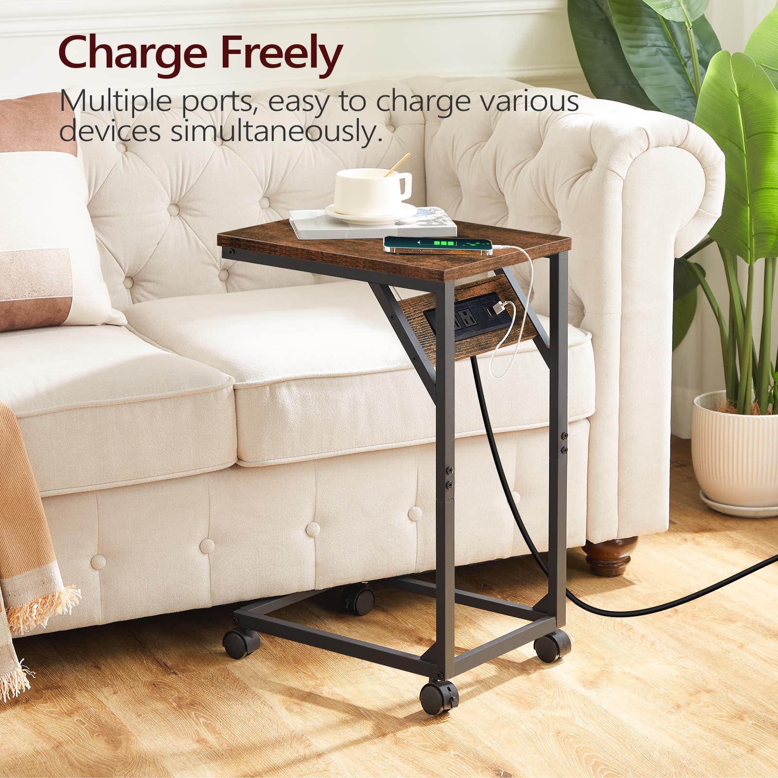 MAHANCRIS C Shaped End Table with Charging Station, Sofa Table with USB Ports and Outlets for Small Spaces, Small Side Table for Living Room, Bedroom, C Couch Table, Rustic Brown ETHR06E01