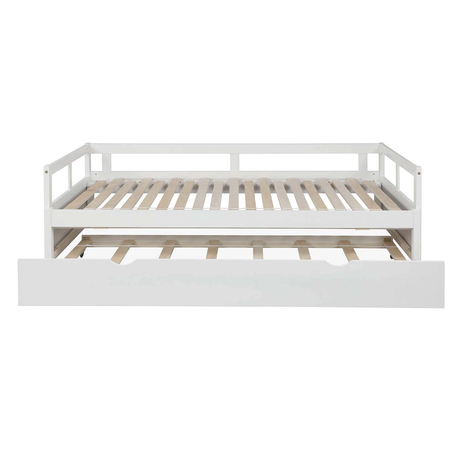 Bed Frame, Wooden Mattress Foundation with Roll Out Trundle Accommodate, Sofa Bed-Frame,Easy Assembly,White