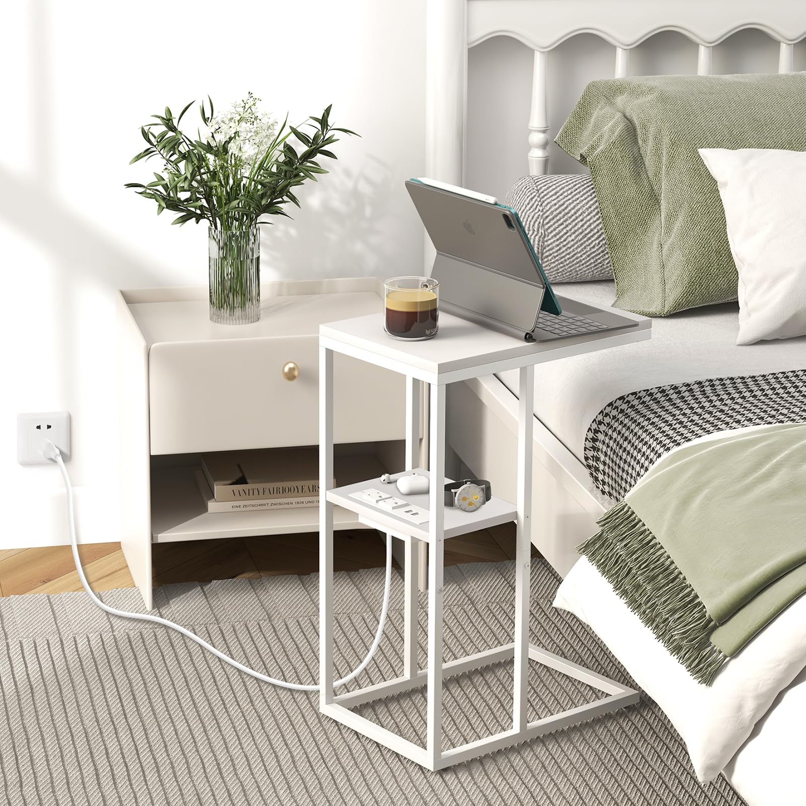 Yoobure C Shaped End Table with Charging Station, Small Side Tables for Living Room Bedroom, Sofa Table with USB Ports and Outlets for Small Spaces, Couch Table Rustic Snack Table Bed Side Table