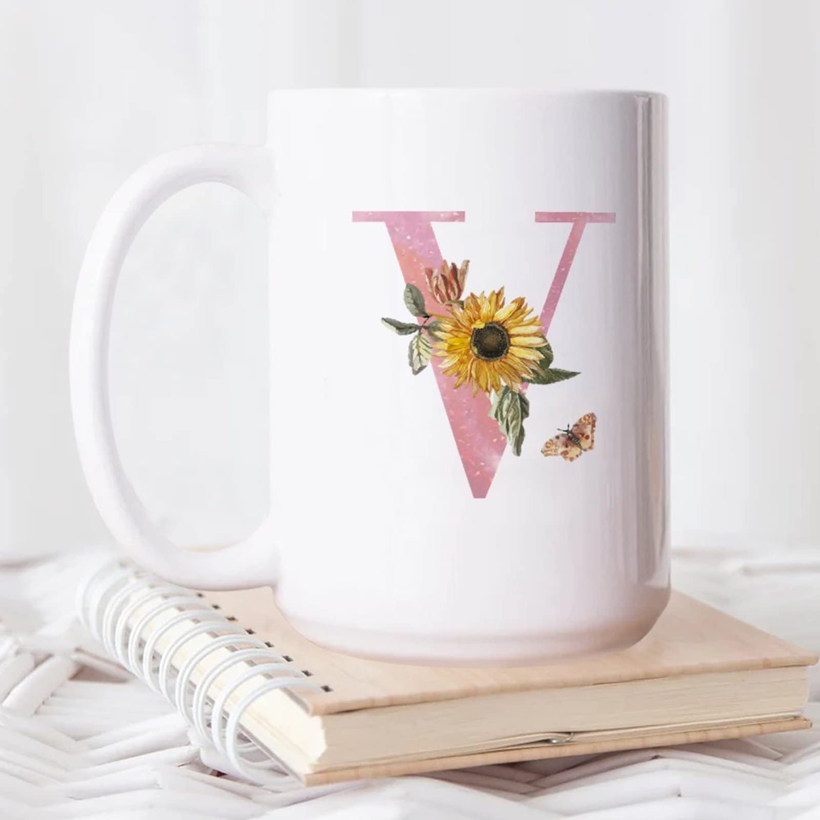 Novelty Quote White Ceramic Coffee Mugs 15oz,Sunflower Pink Initial Alphabet Monogram Letter V Funny Coffee Mug Porcelain Humorous Coffee Cup for Christmas Friends Classmate Teacher Kids