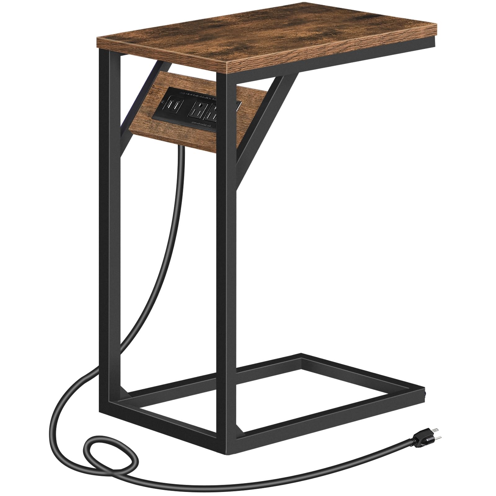MAHANCRIS C Shaped End Table with Charging Station, Sofa Table with USB Ports and Outlets for Small Spaces, Small Side Table for Living Room, Bedroom, C Couch Table, Rustic Brown ETHR06E01
