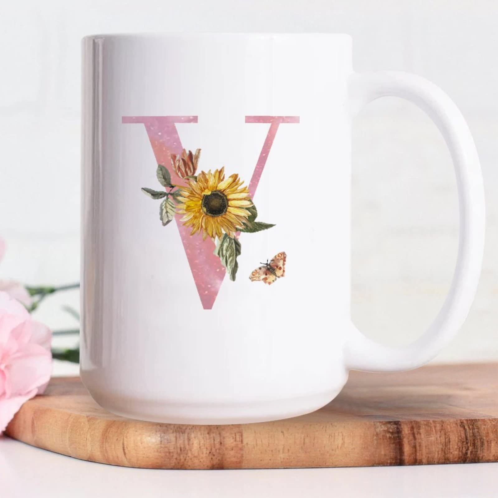 Novelty Quote White Ceramic Coffee Mugs 15oz,Sunflower Pink Initial Alphabet Monogram Letter V Funny Coffee Mug Porcelain Humorous Coffee Cup for Christmas Friends Classmate Teacher Kids