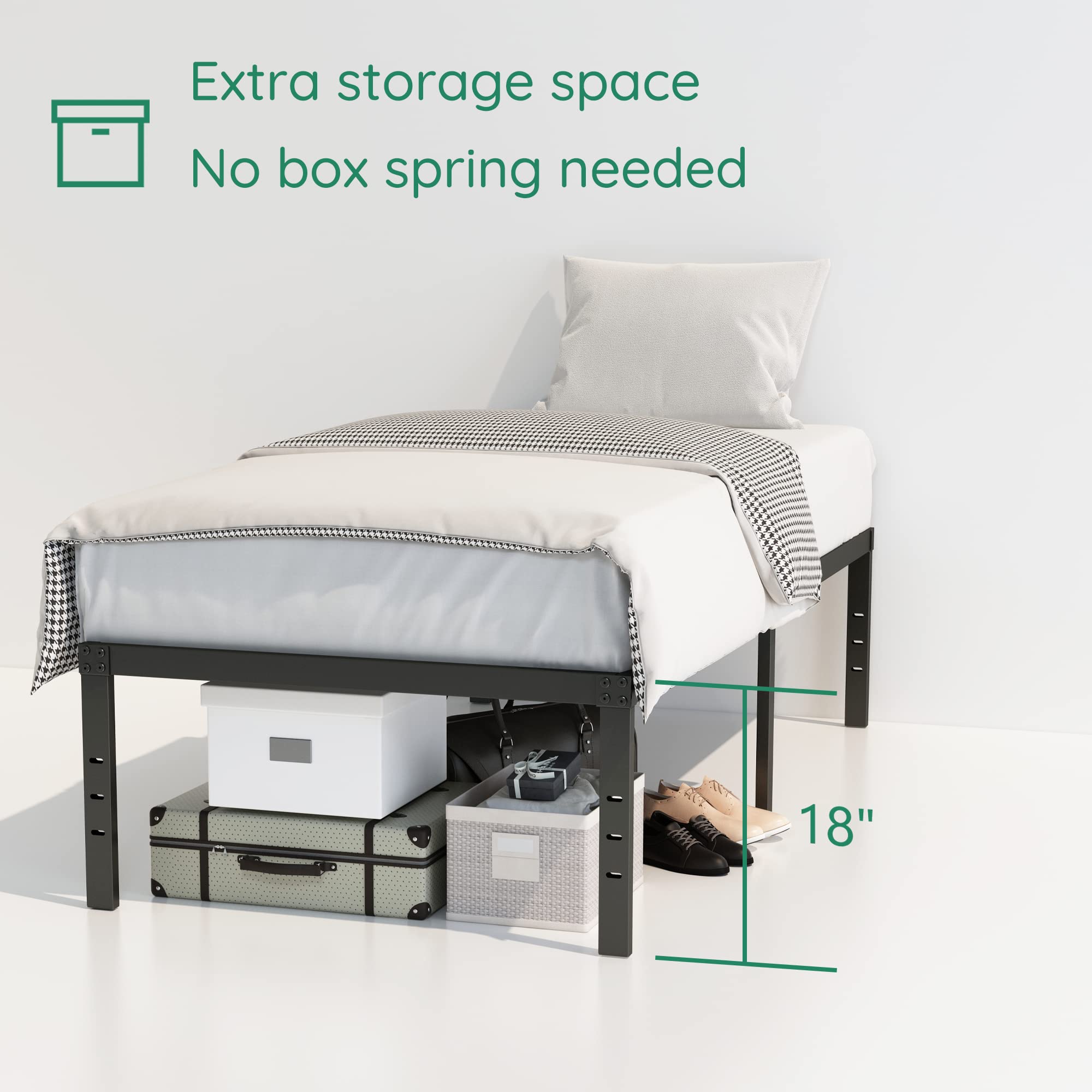 DiaOutro 18 Inch Twin Bed Frame Heavy Duty No Box Spring Needed Metal Platform with Non Slip Mattress Gaskets