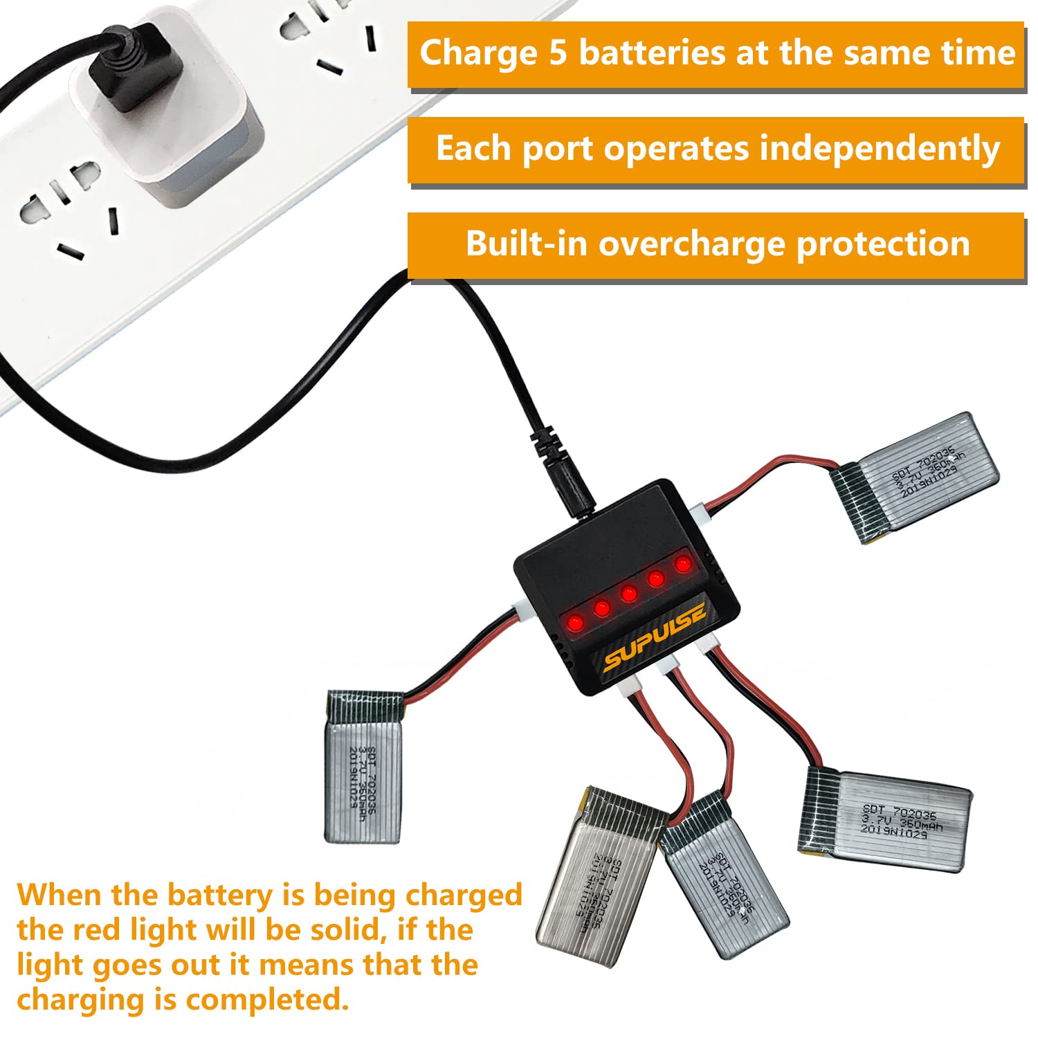 SUPULSE Lipo Battery Charger 1-6S AC/DC 80W and Lipo Battery Charger DC 3.7V 1S 1 Cell RC Charger Micro 5 Ports with LED Indicator