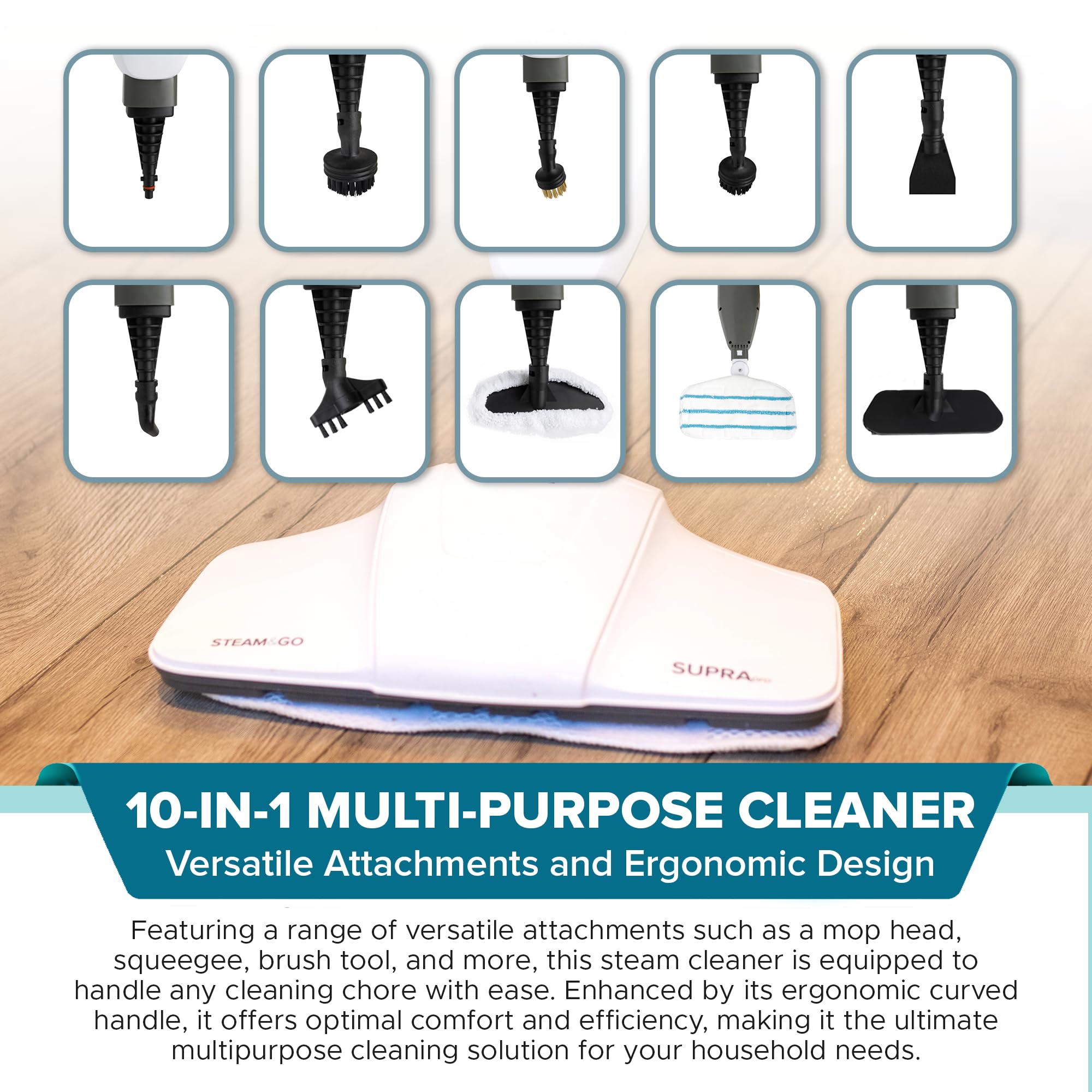 Steam and Go Supra Pro Multi-Surface Steam Mop - 90° Bendable Handle for Under Furniture, Detachable Handle with 10 Attachments for Tile Grout, Clothes, Fabric & Upholstery Handheld Steam Cleaner