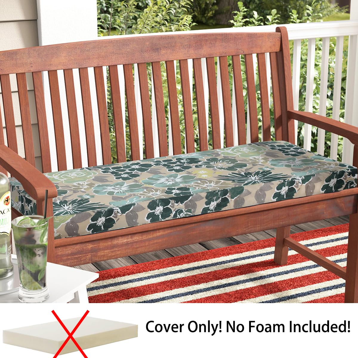 Magpie Fabrics Patio Bench Loveseat Cushion Covers (Replacement Cover only, No Insert!), Waterproof Fade Resistant Swing Cushion Slipcover with Ties(48x18x3 Inch, Green Floral)