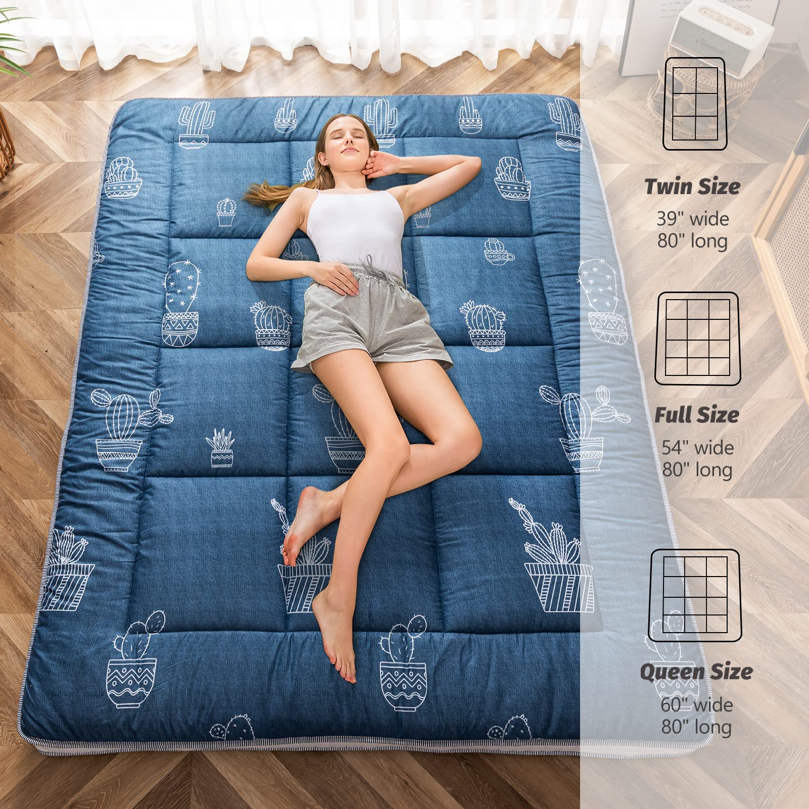 MAXYOYO Grey Cactus Pattern Futon Mattress, Japanese Floor Mattress Twin Size, Quilted Bed Mattress Topper, Extra Thick Folding Sleeping Pad Breathable Floor Lounger Guest Bed for Camping Couch