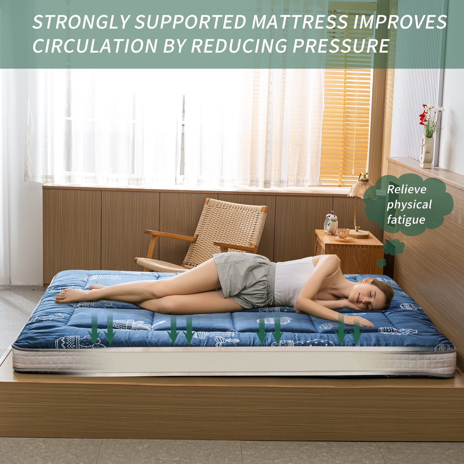 MAXYOYO Grey Cactus Pattern Futon Mattress, Japanese Floor Mattress Twin Size, Quilted Bed Mattress Topper, Extra Thick Folding Sleeping Pad Breathable Floor Lounger Guest Bed for Camping Couch