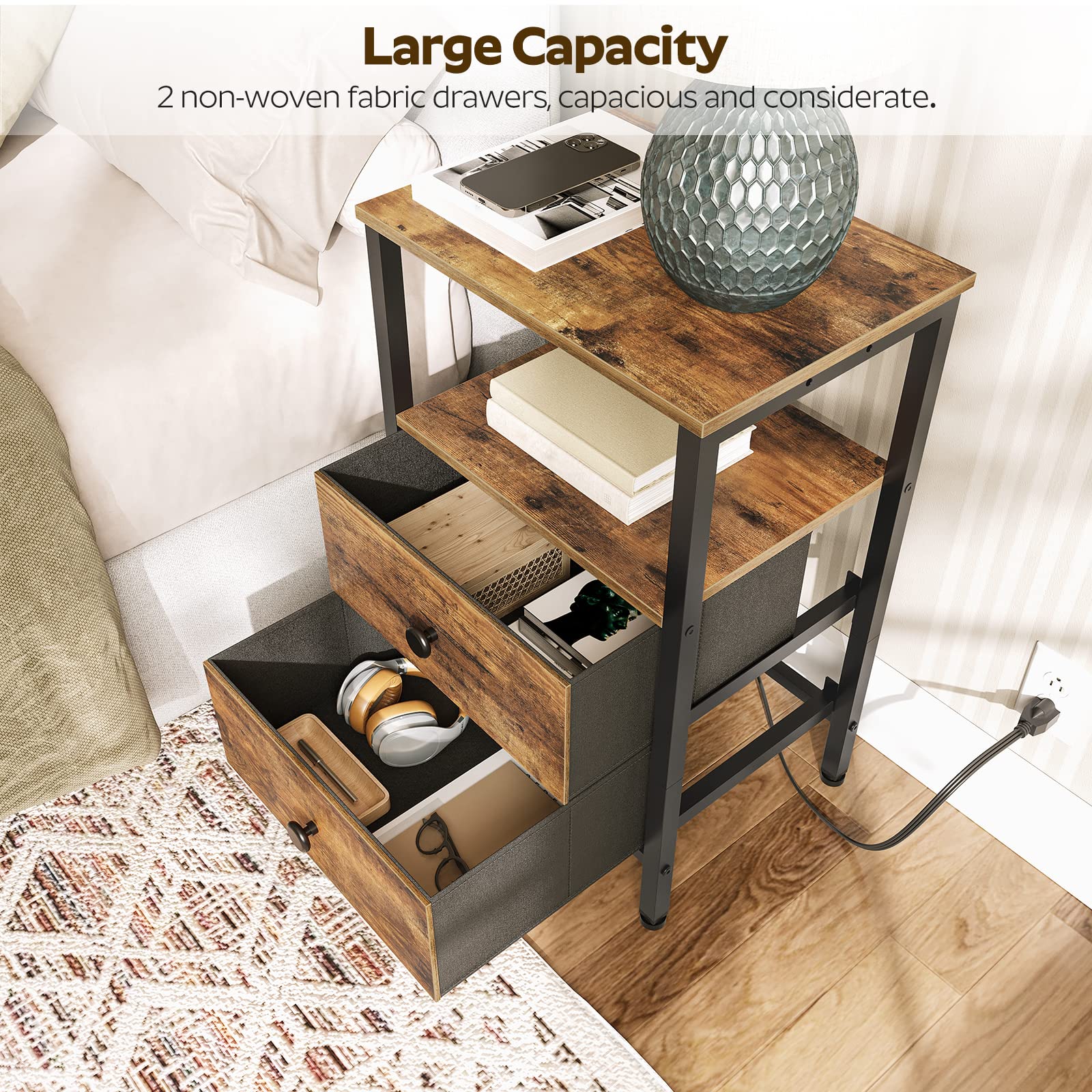 YATINEY Nightstands Set of 2, Dorm Night Stand with Charging Station, Bedside Tables with 2 Non-Woven Drawers, Side Table for Dorm Room, End Table for Small Spaces, College, Living Room ET02L2BR