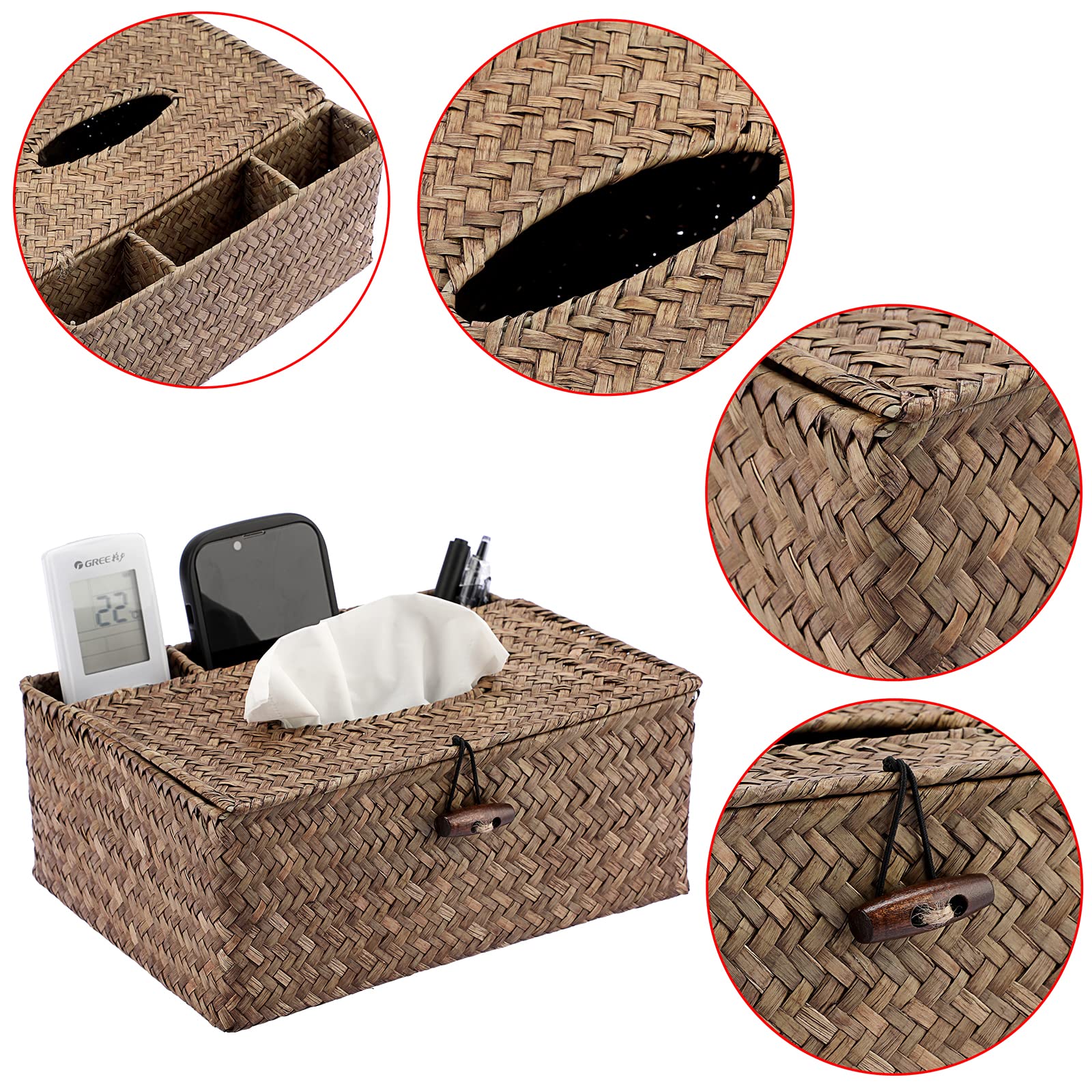 Sumnacon Seagrass Rectangular Tissue Box Cover - Multifunctional Tissue Holder with Stationery Remote Control Box, Decorative Tissue Pen Remote Organizer for Desktop Livingroom Home Office, Caramel