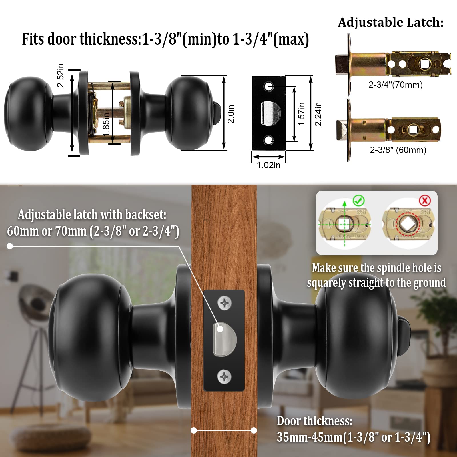 AMZKONIG 12 Pack Matte Black Privacy Door Knobs Keyless Interior/Exterior Doorknobs Lockset with Hardware Instruction and Wall Protector for Bedroom Bathroom