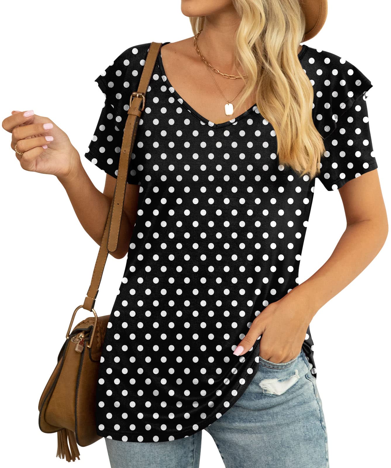 YVH Women's Tops, Tees & Blouses Summer Short Sleeve Ruffle V Neck Semi Casual Shirts for Women, Polka Dot Black, L