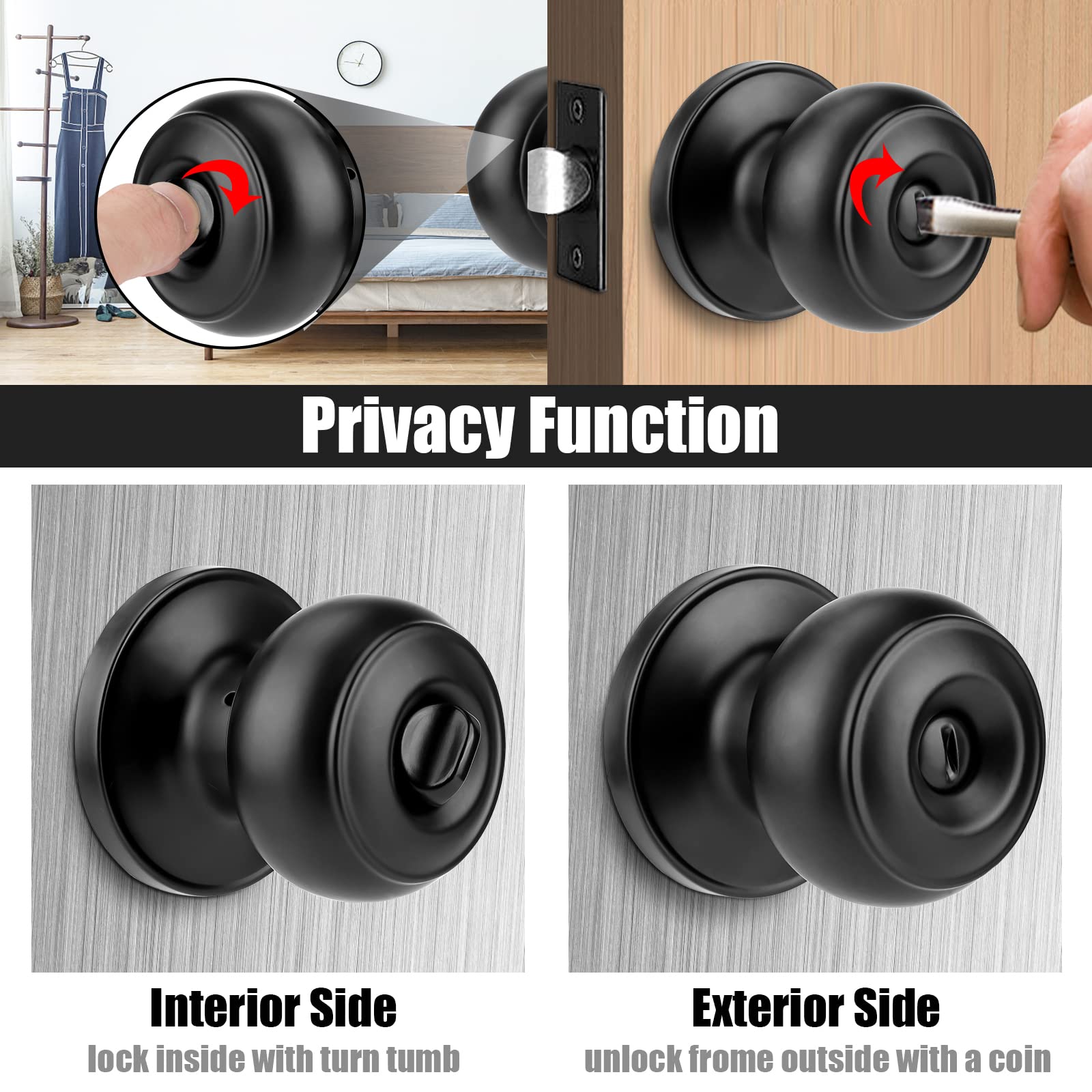 AMZKONIG 12 Pack Matte Black Privacy Door Knobs Keyless Interior/Exterior Doorknobs Lockset with Hardware Instruction and Wall Protector for Bedroom Bathroom