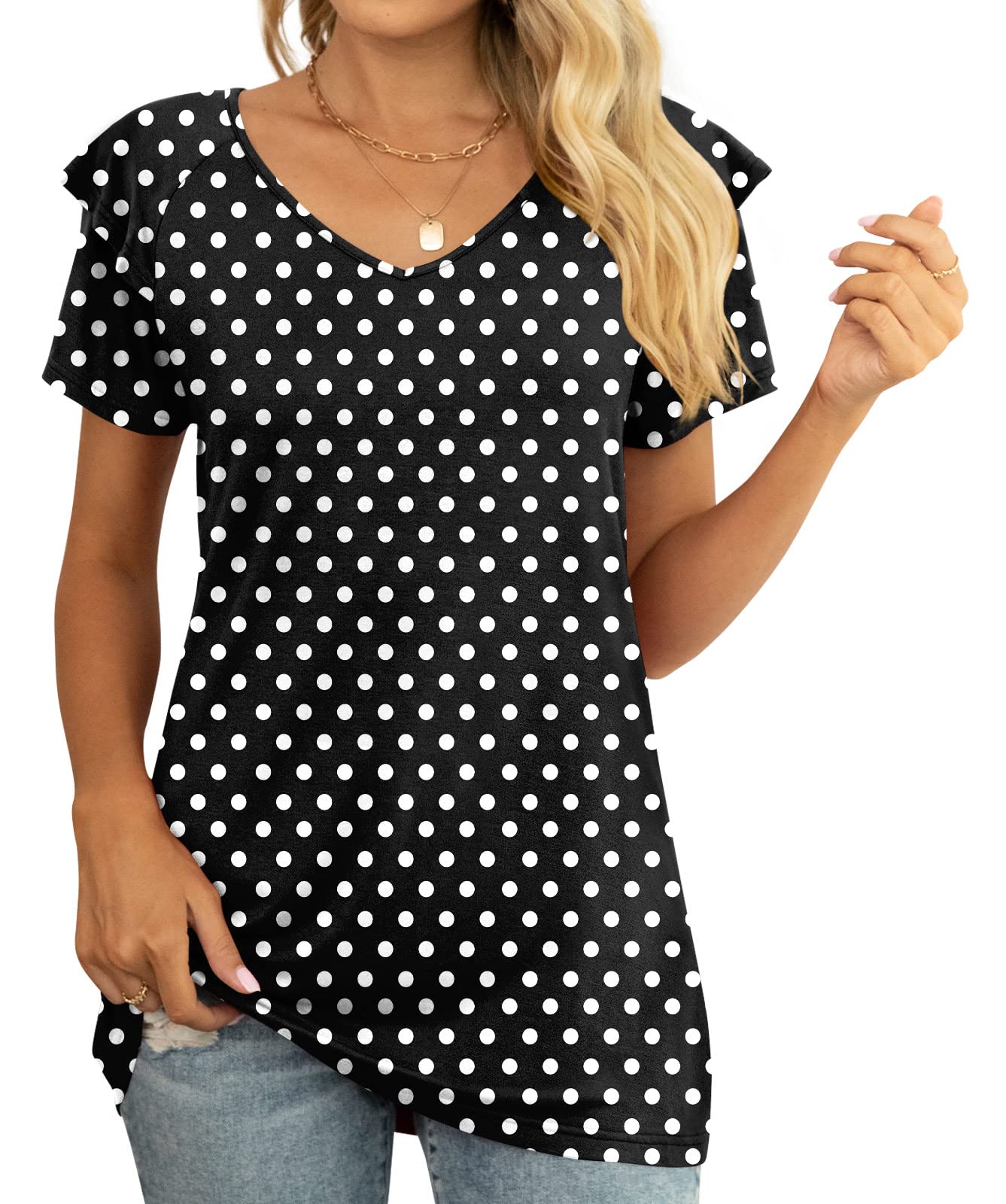 YVH Women's Tops, Tees & Blouses Summer Short Sleeve Ruffle V Neck Semi Casual Shirts for Women, Polka Dot Black, L