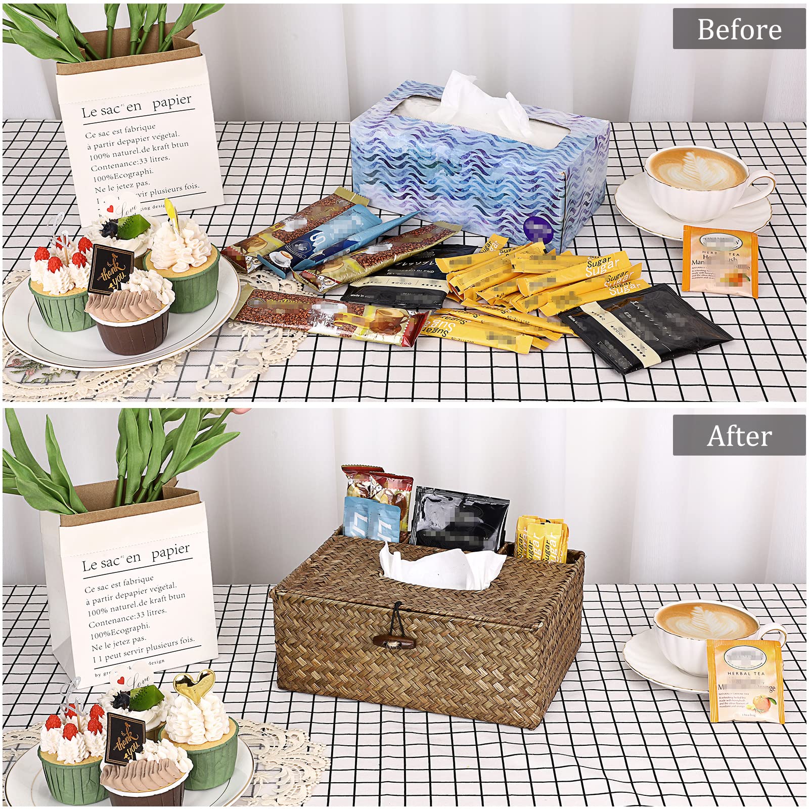 Sumnacon Seagrass Rectangular Tissue Box Cover - Multifunctional Tissue Holder with Stationery Remote Control Box, Decorative Tissue Pen Remote Organizer for Desktop Livingroom Home Office, Caramel