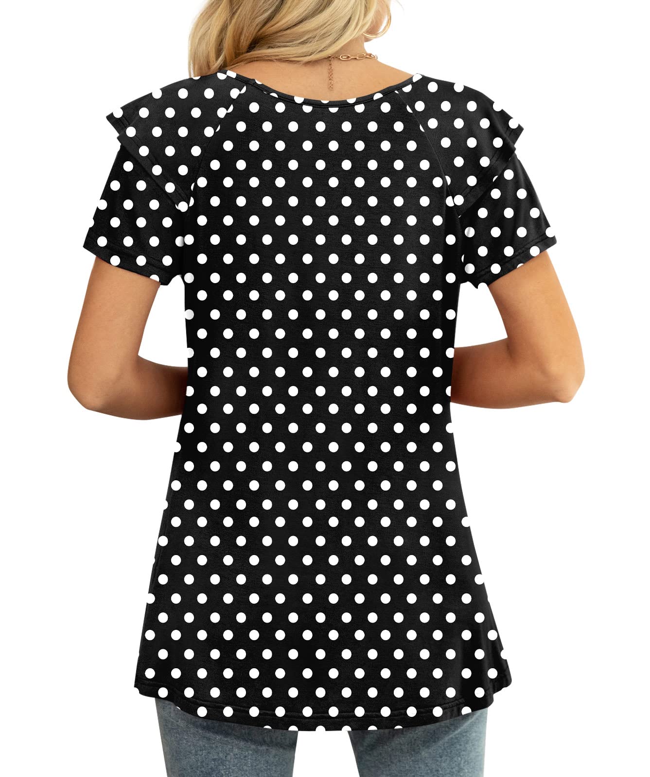 YVH Women's Tops, Tees & Blouses Summer Short Sleeve Ruffle V Neck Semi Casual Shirts for Women, Polka Dot Black, L