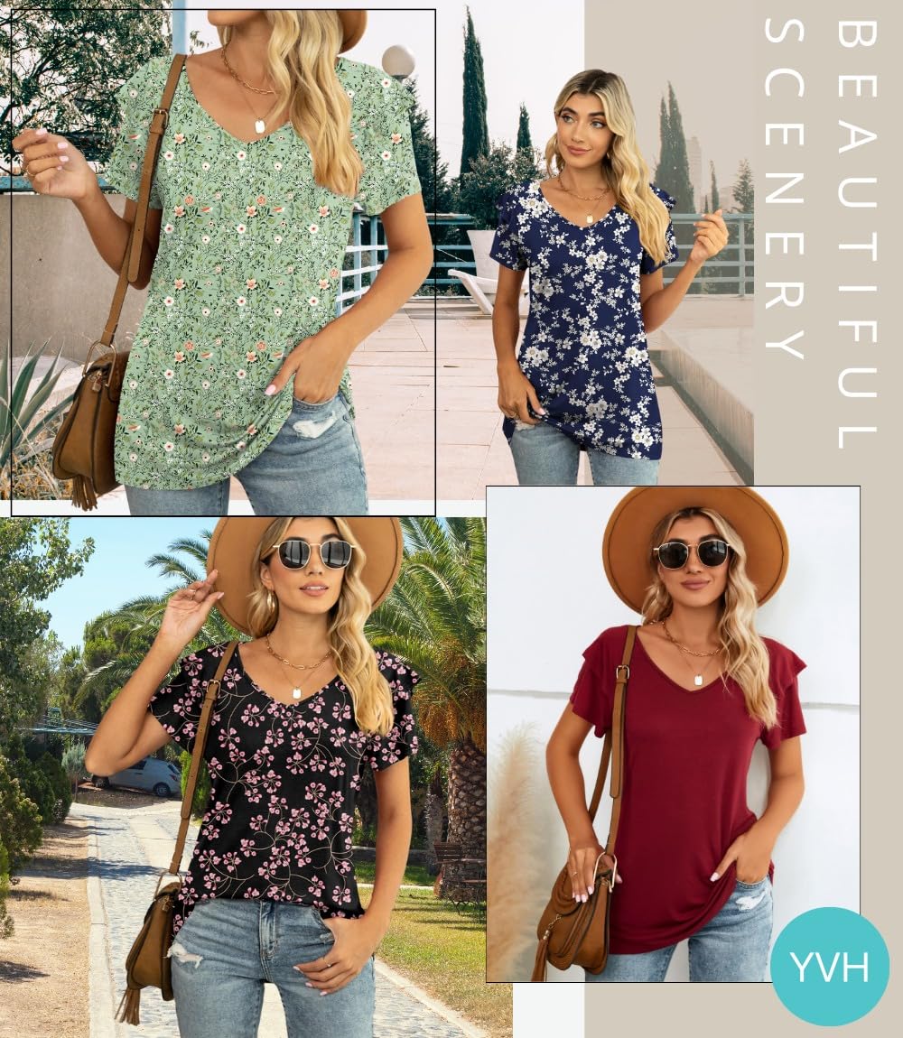 YVH Women's Tops, Tees & Blouses Summer Short Sleeve Ruffle V Neck Semi Casual Shirts for Women, Polka Dot Black, L