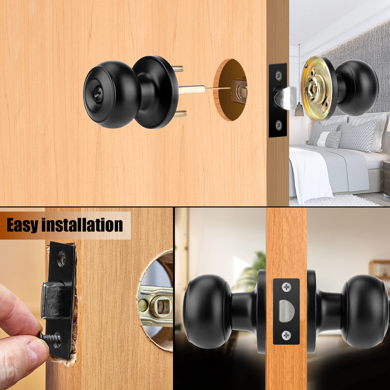 AMZKONIG 12 Pack Matte Black Privacy Door Knobs Keyless Interior/Exterior Doorknobs Lockset with Hardware Instruction and Wall Protector for Bedroom Bathroom