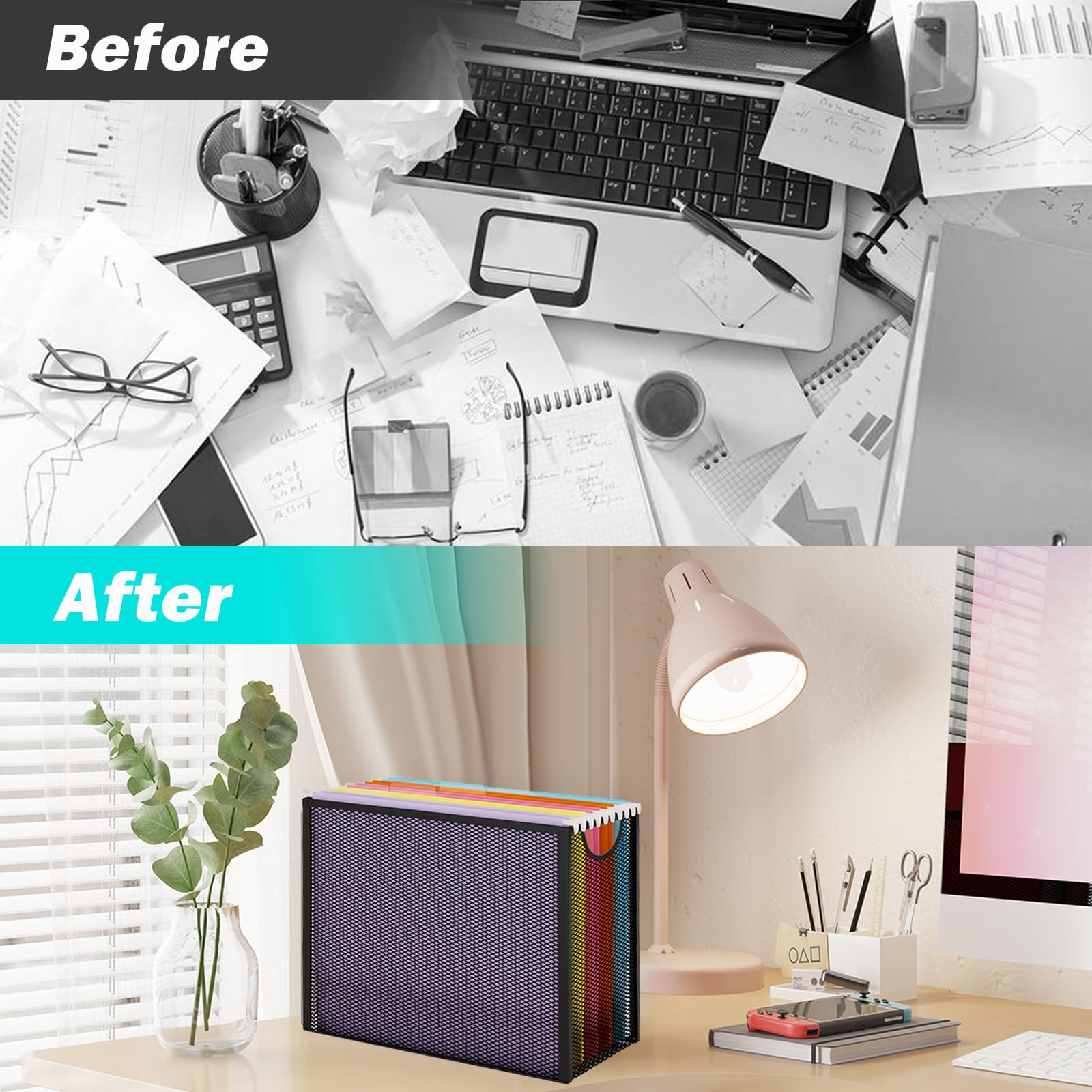 Sinboun Hanging File Organizer Letter-Size File Holder Filing Storage Box - Metal Mesh Magazine Book Letter Storage Cabinets File Cart for Office Home School, Easy Installation