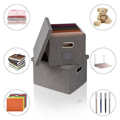 Collapsible File Box Storage Organizer with Lid [1-Pack] Decorative Linen Filing Storage Office Box Hanging Letter/Legal Folder Home Office Bins Cabinet Container