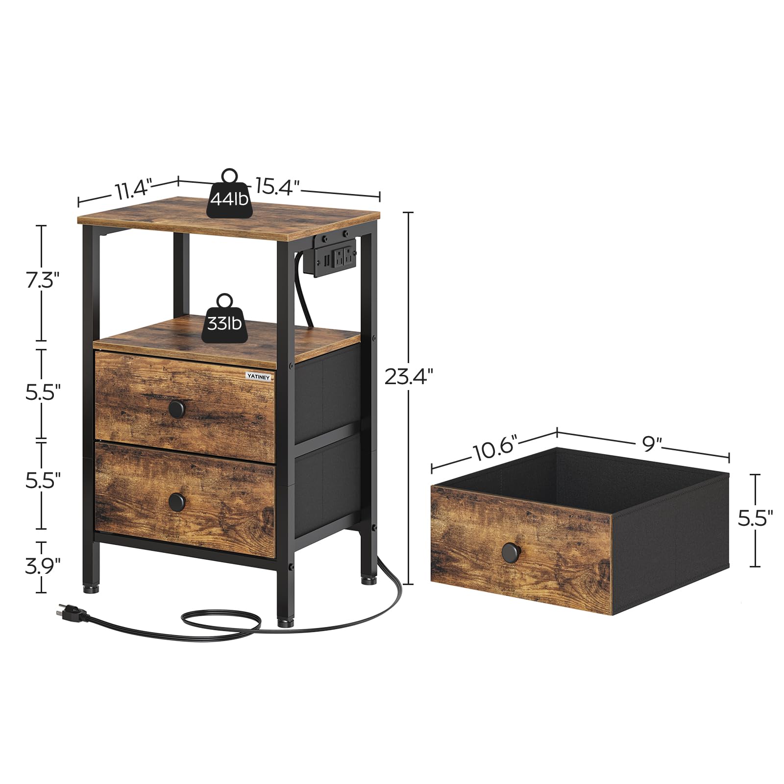 YATINEY Nightstands Set of 2, Dorm Night Stand with Charging Station, Bedside Tables with 2 Non-Woven Drawers, Side Table for Dorm Room, End Table for Small Spaces, College, Living Room ET02L2BR