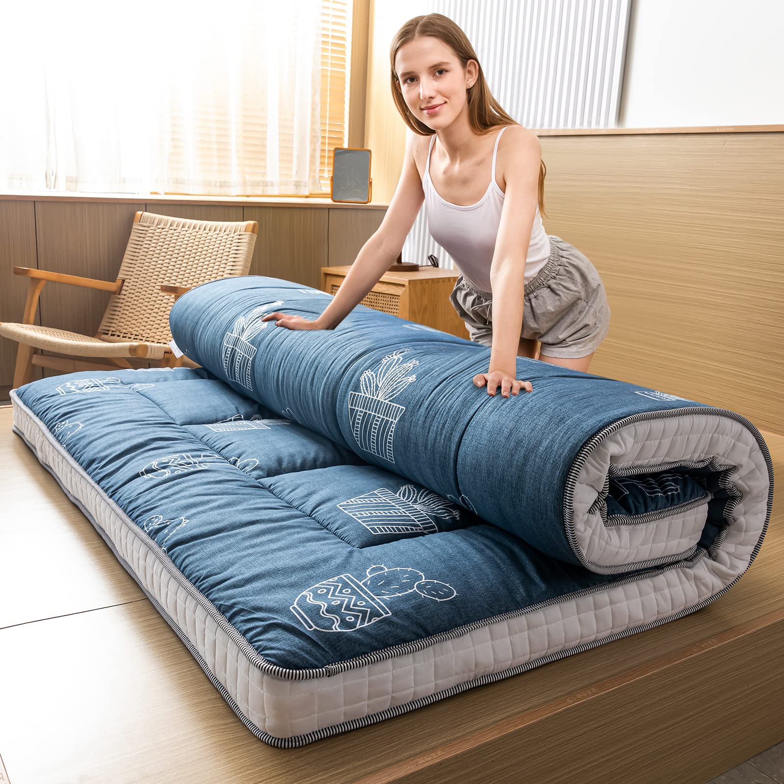 MAXYOYO Grey Cactus Pattern Futon Mattress, Japanese Floor Mattress Twin Size, Quilted Bed Mattress Topper, Extra Thick Folding Sleeping Pad Breathable Floor Lounger Guest Bed for Camping Couch
