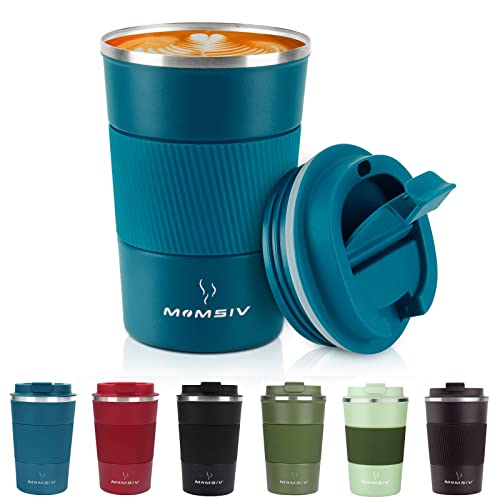 MOMSIV 12oz Travel Mug, Insulated Coffee Cup with Leakproof Lid, Travel Coffee Mug Vacuum Stainless Steel Double Walled Reusable Coffee Cup for Hot and Cold Water Coffee(Blue - 380ml)