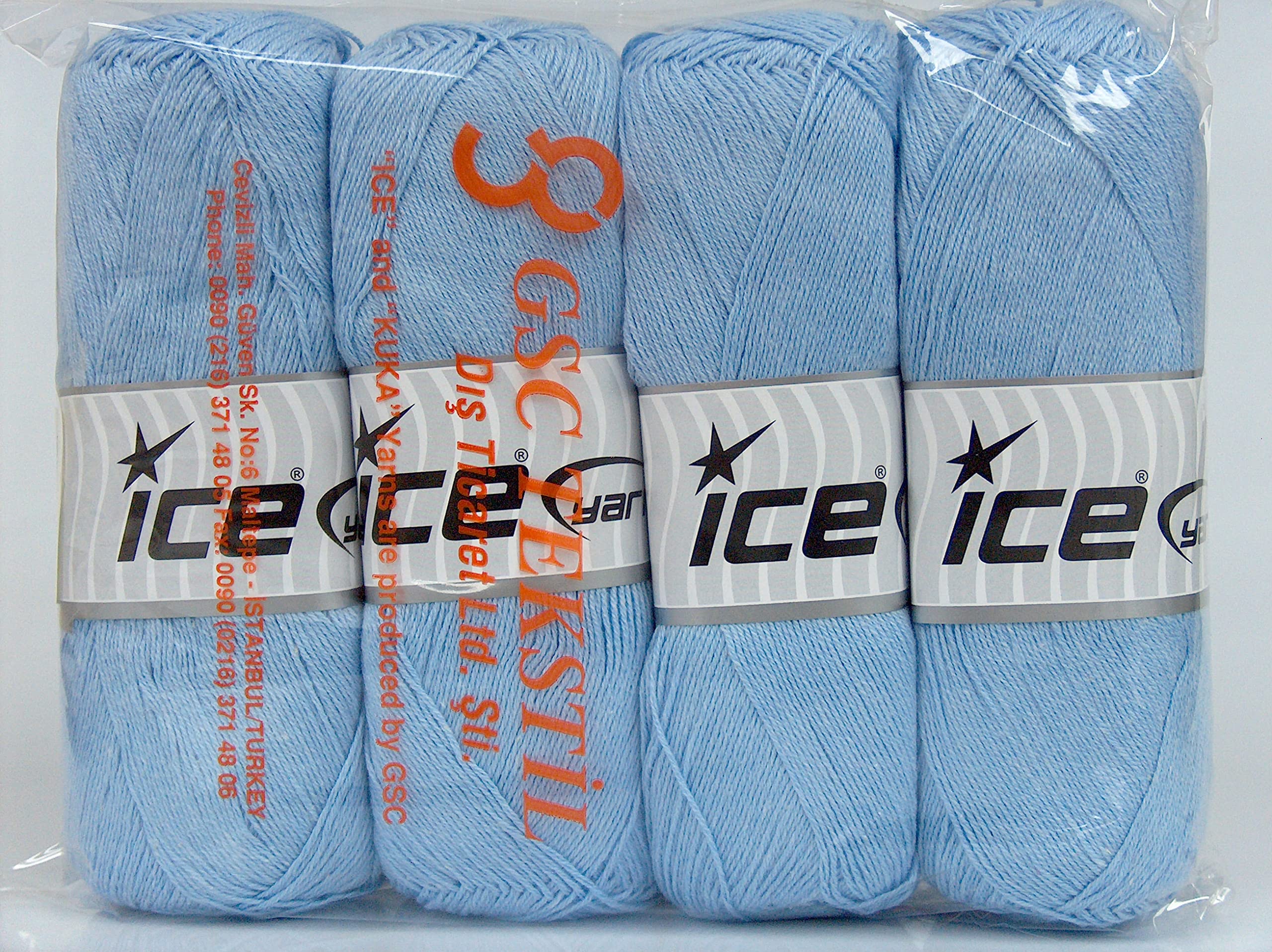 Lot of 4 x 100gr Skeins Ice Yarns COTTONAC FINE (50% Cotton) Yarn Baby Blue