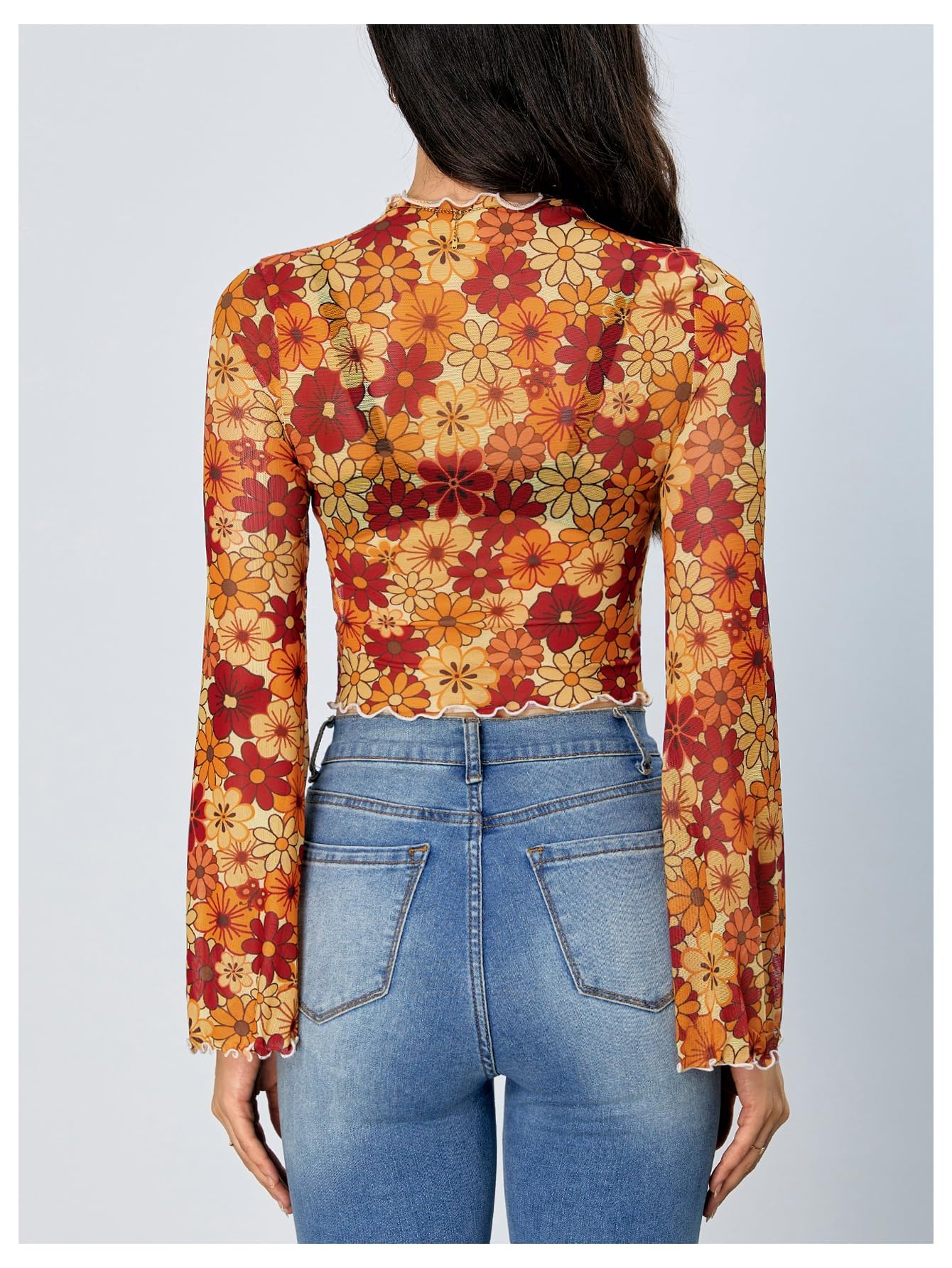 Verdusa Women's Bell Sleeve Lettuce Trim Mock Neck Floral Mesh Top Crop T Shirt Orange L