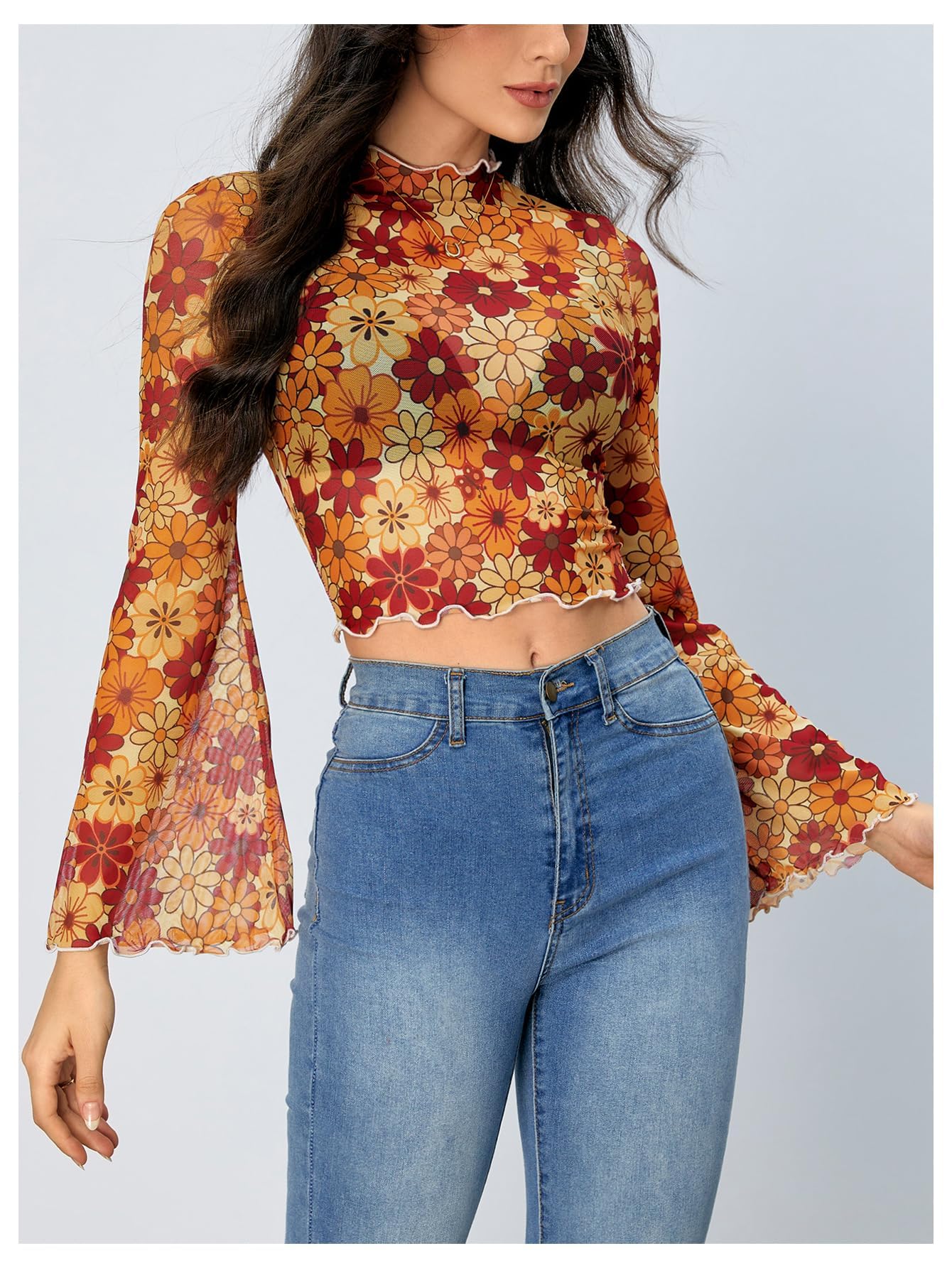 Verdusa Women's Bell Sleeve Lettuce Trim Mock Neck Floral Mesh Top Crop T Shirt Orange L