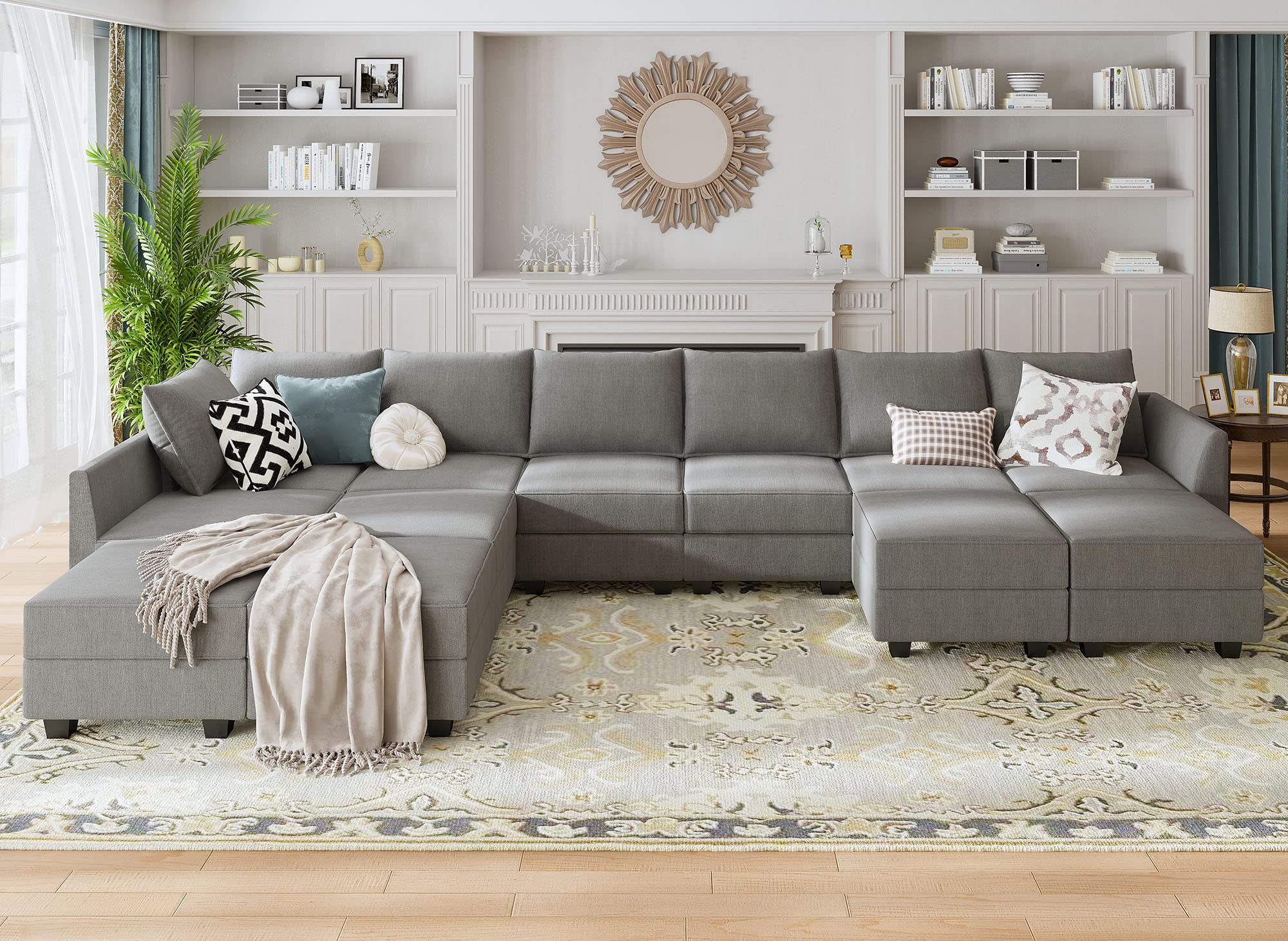 HONBAY Modular Sofa Couch with Storage Seats U Shaped Modular Sectional Sofa with Reversible Chiase Oversized Modular Sofa Sleeper Set with Ottomans, Grey