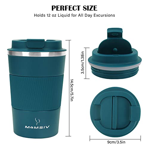 MOMSIV 12oz Travel Mug, Insulated Coffee Cup with Leakproof Lid, Travel Coffee Mug Vacuum Stainless Steel Double Walled Reusable Coffee Cup for Hot and Cold Water Coffee(Blue - 380ml)