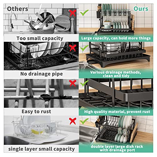 Dish Drying Rack,Dish Rack for Kitchen Counter,2 Tier Large Dish Drying Rack with Drainboard Stainless Steel Dish Drainer with Drainage Utensil Holder for Dish/Knifes/Cup/Cutting Board(16*11*12.5 IN)