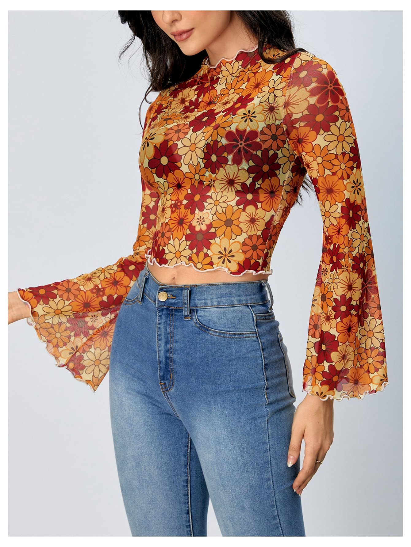 Verdusa Women's Bell Sleeve Lettuce Trim Mock Neck Floral Mesh Top Crop T Shirt Orange L