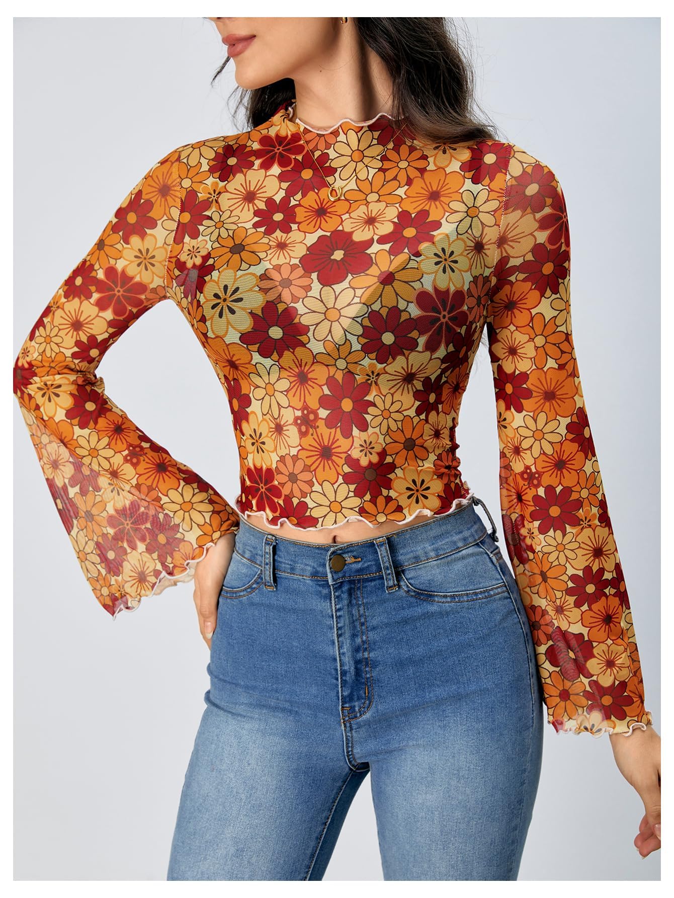 Verdusa Women's Bell Sleeve Lettuce Trim Mock Neck Floral Mesh Top Crop T Shirt Orange L