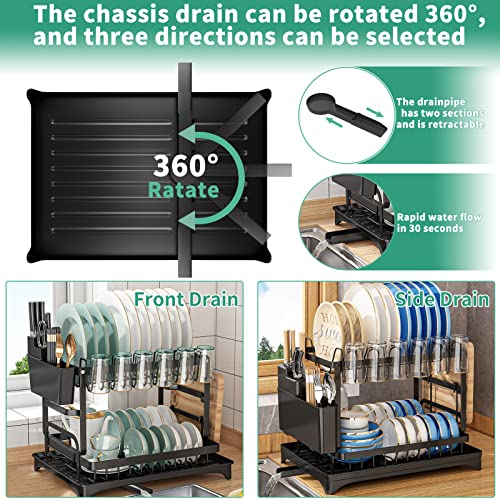 Dish Drying Rack,Dish Rack for Kitchen Counter,2 Tier Large Dish Drying Rack with Drainboard Stainless Steel Dish Drainer with Drainage Utensil Holder for Dish/Knifes/Cup/Cutting Board(16*11*12.5 IN)
