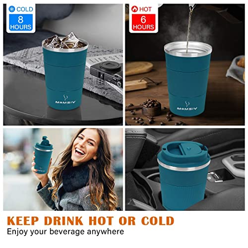 MOMSIV 12oz Travel Mug, Insulated Coffee Cup with Leakproof Lid, Travel Coffee Mug Vacuum Stainless Steel Double Walled Reusable Coffee Cup for Hot and Cold Water Coffee(Blue - 380ml)
