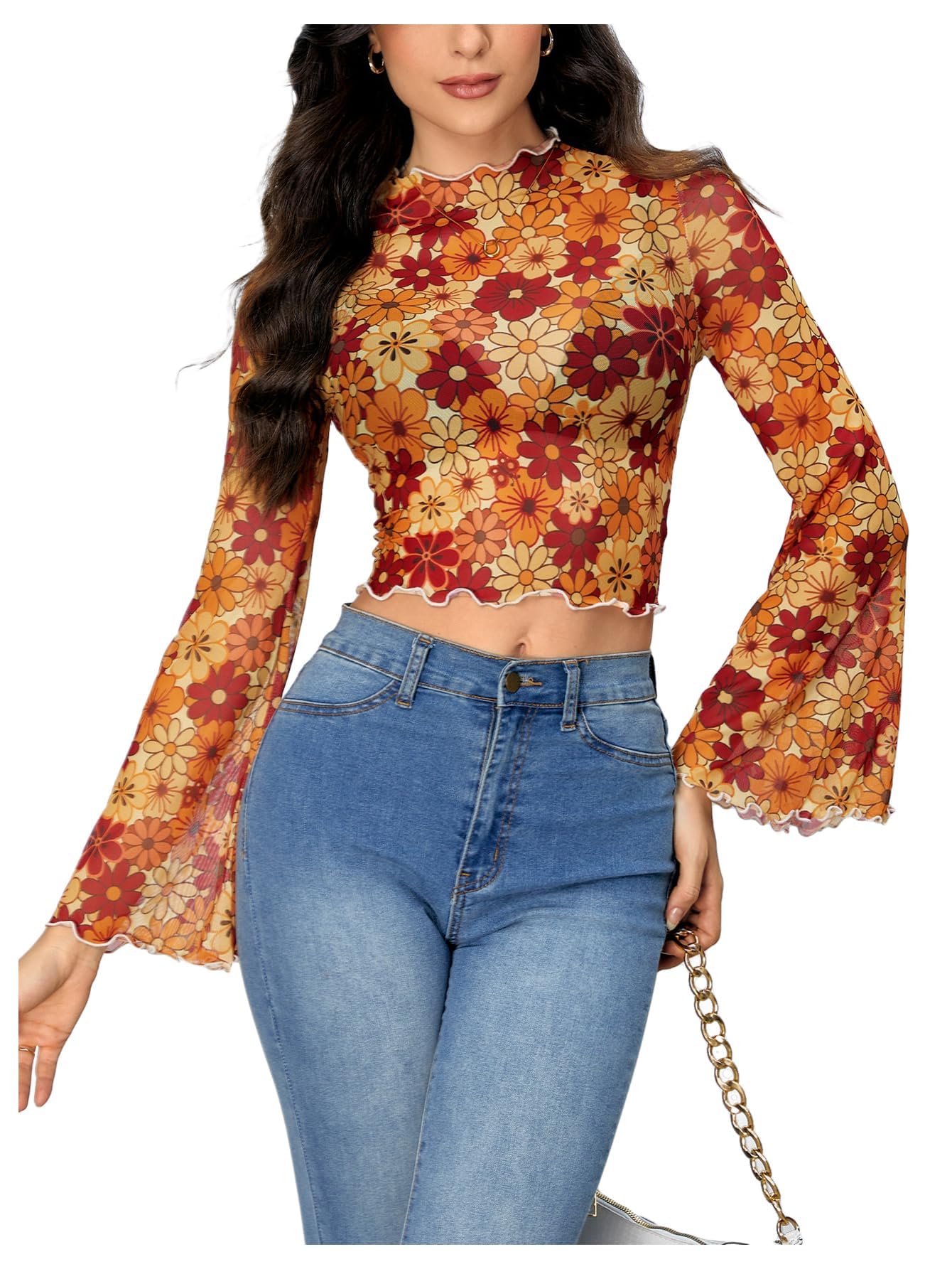 Verdusa Women's Bell Sleeve Lettuce Trim Mock Neck Floral Mesh Top Crop T Shirt Orange L