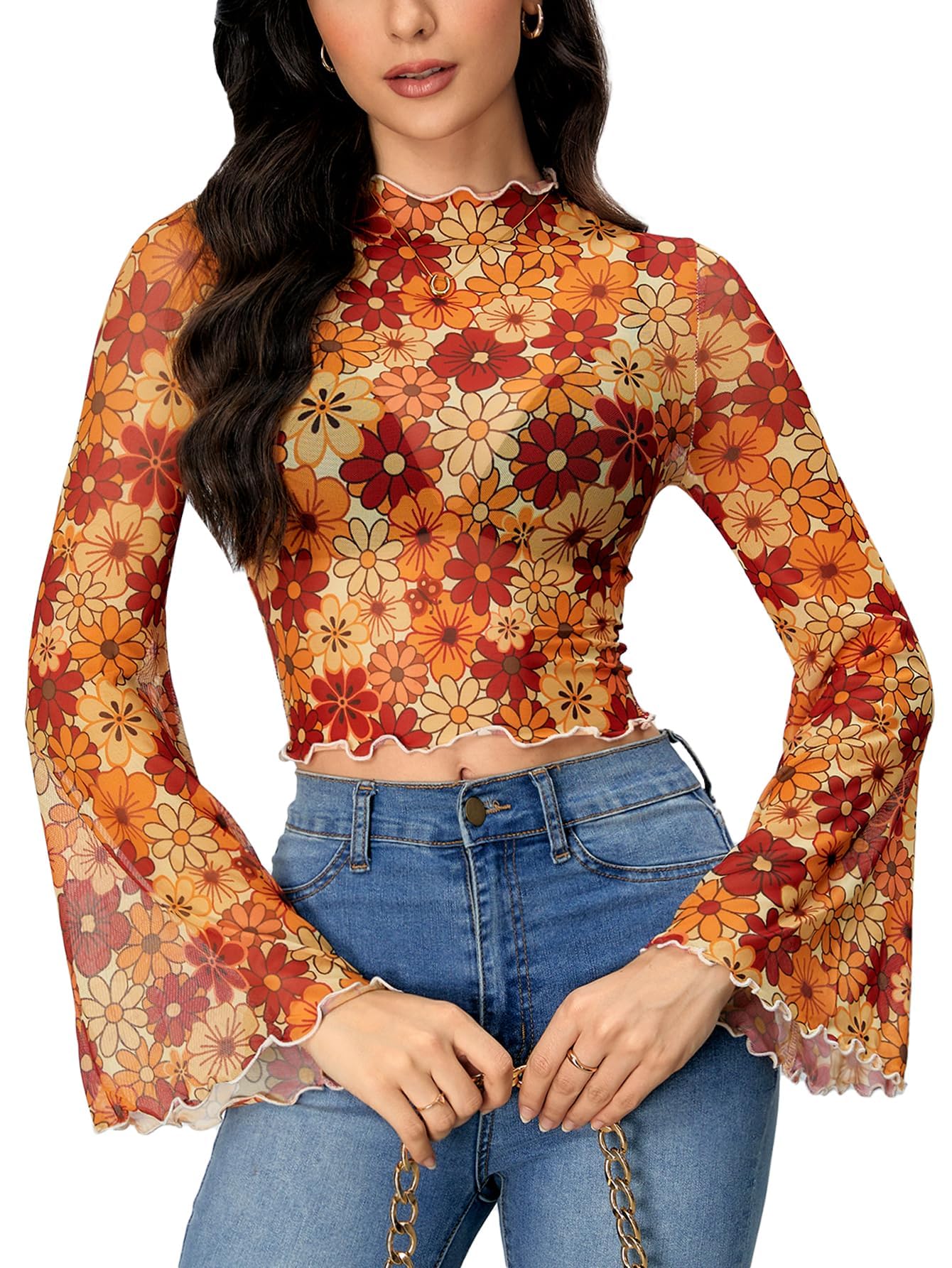 Verdusa Women's Bell Sleeve Lettuce Trim Mock Neck Floral Mesh Top Crop T Shirt Orange L