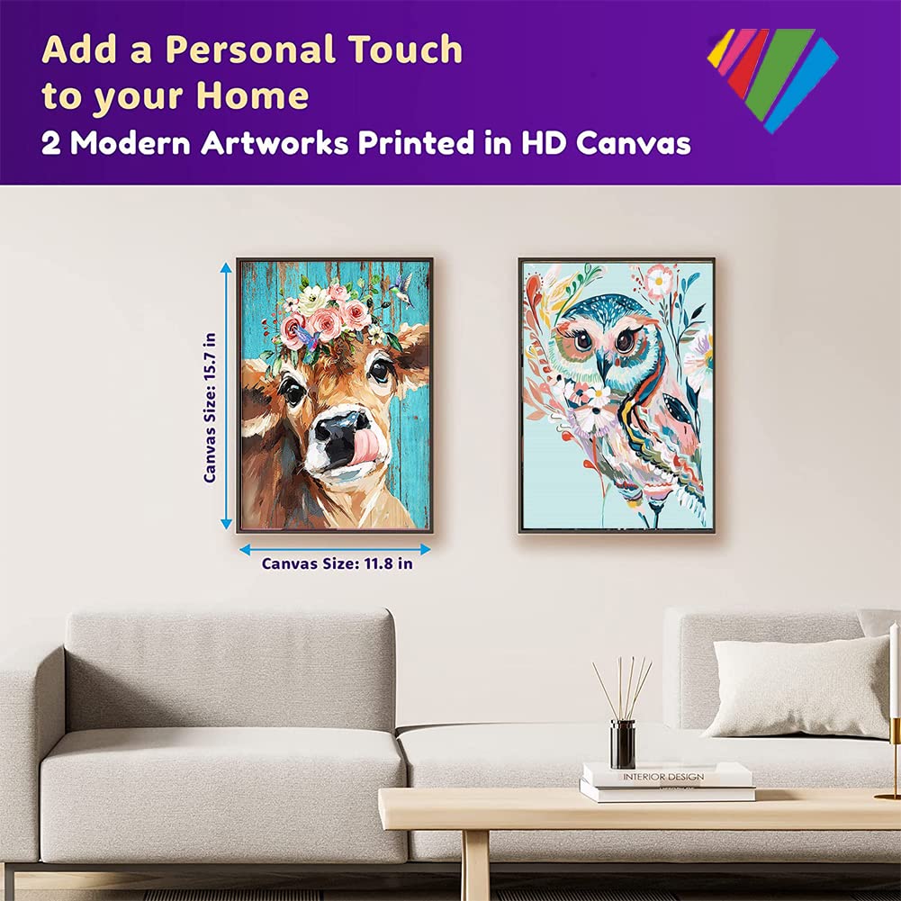 2-Piece Diamond Painting Kitsfor Adults, 5D DlYFull Drill Round Art Gems Owland Cow Diamond Art Perfect for Home Wall Deco Diamond 12"x16"