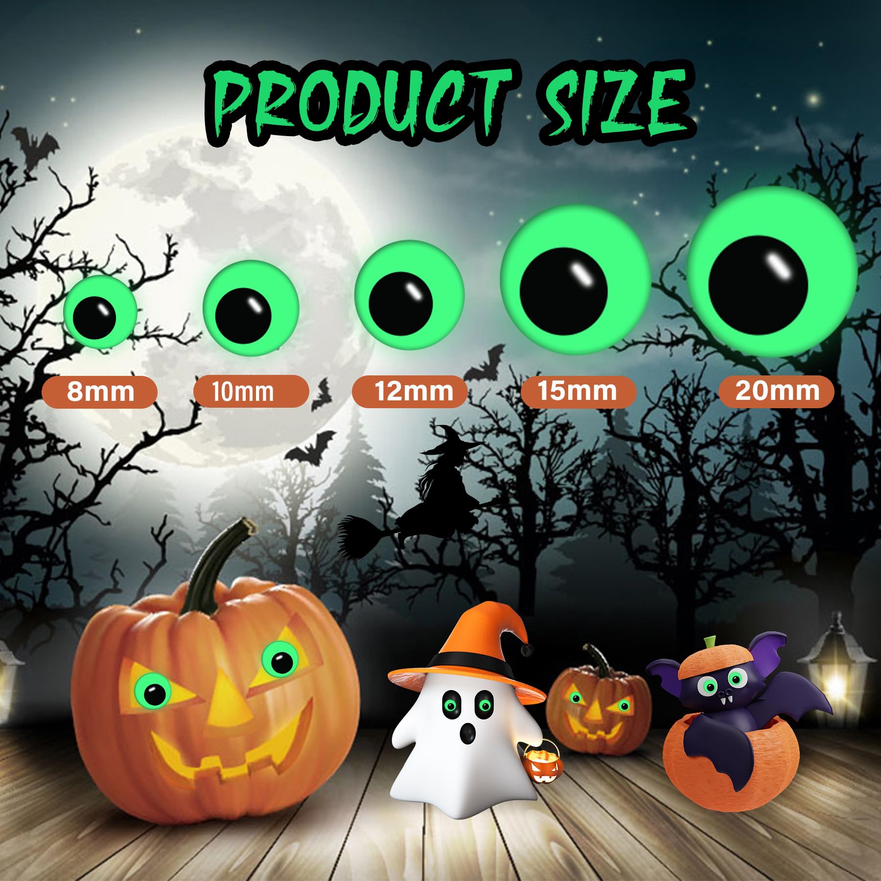 400 Pcs Wiggle Googly Eyes Self Adhesive Glow in The Dark Luminous Large Googly Eyes Plastic Glowing Eyes Sparkle for Craft DIY Decoration(8 10 12 15 20mm)
