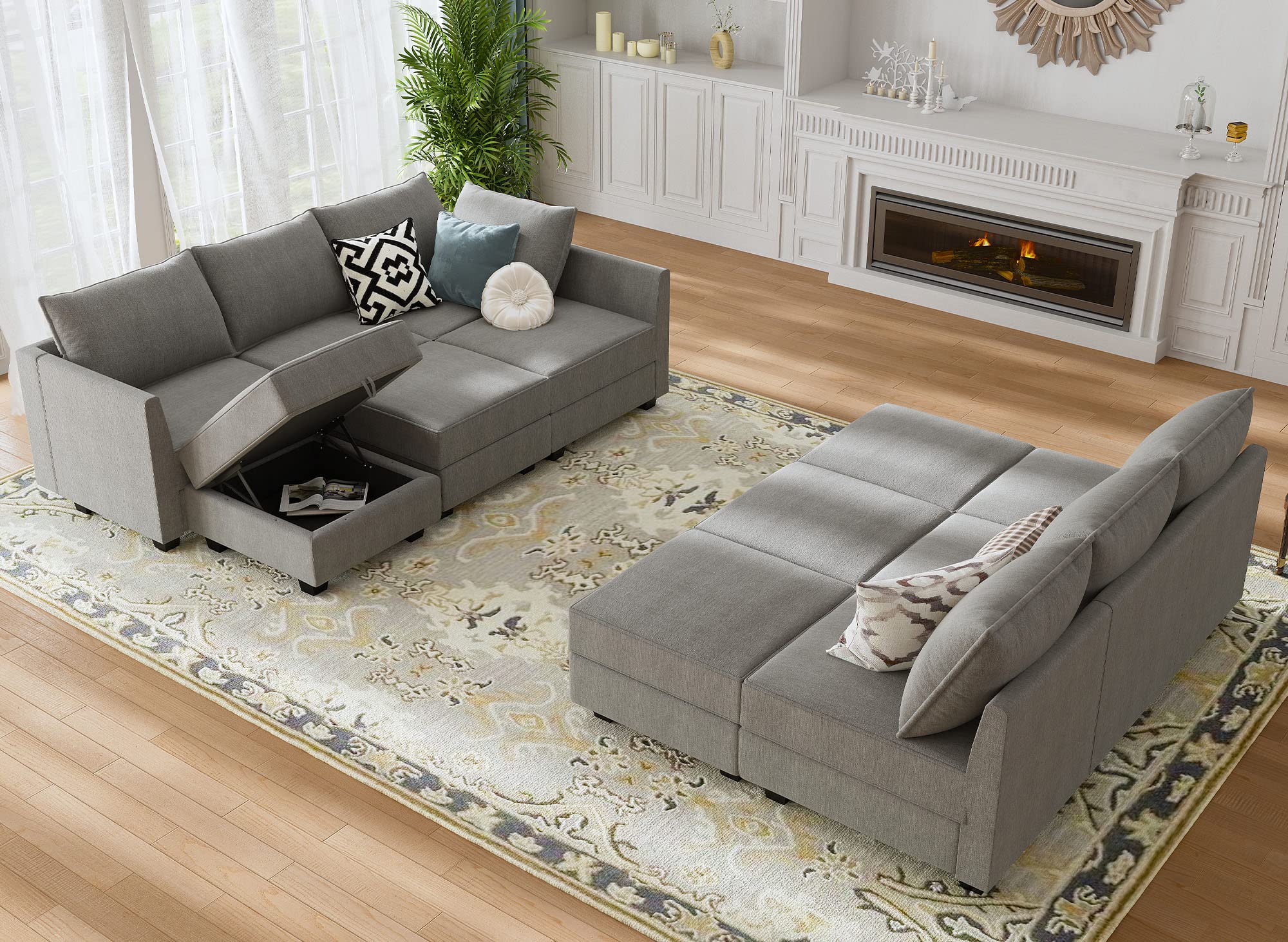 HONBAY Modular Sofa Couch with Storage Seats U Shaped Modular Sectional Sofa with Reversible Chiase Oversized Modular Sofa Sleeper Set with Ottomans, Grey