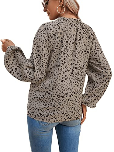 Verdusa Women's Cold Shoulder Bishop Sleeve Floral Print Blouse Shirt Top Khaki L