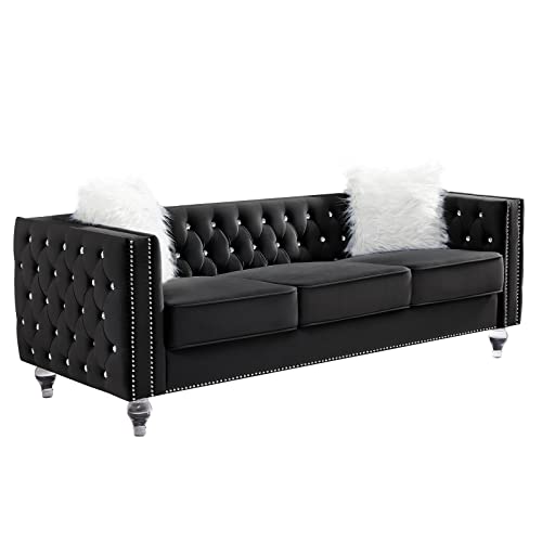 mikibama Velvet Sofa Couch 83 Inch Long Modern Sofa with Acrylic Legs and 2 Pillows, Jeweled Buttons Tufted Couch Modern Decor Furniture for Living Room, Bedroom (Black)