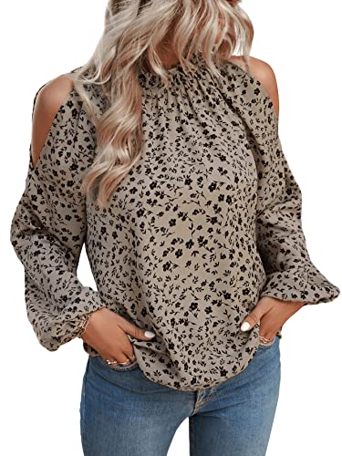 Verdusa Women's Cold Shoulder Bishop Sleeve Floral Print Blouse Shirt Top Khaki L